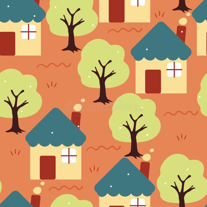 Cute Seamless Pattern Little House with Tree and Plant Stock Vector ...
