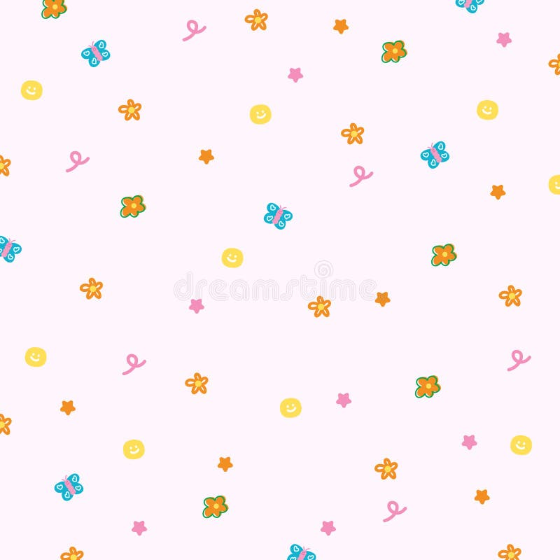 Illustration of Butterfly, Flowers, Happy Emoji on Pastel Pink ...