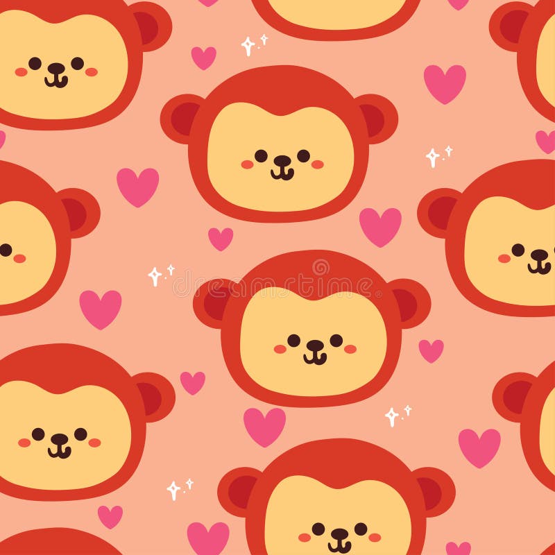 Seamless Pattern Cute Cartoon Monkey and Pink Heart Stock Vector ...