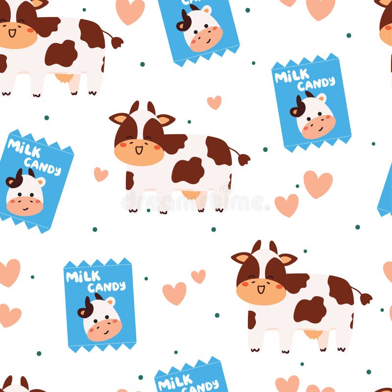 Seamless Pattern Cartoon Cow with Milk Candy Stock Vector ...