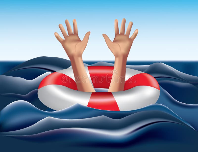Drowning Concept. Life Buoy with Hands Asking for Help Stock Vector ...