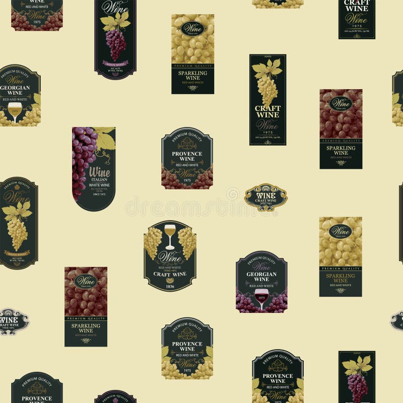 Seamless Pattern with Ornate Wine Labels in Retro Style Stock ...