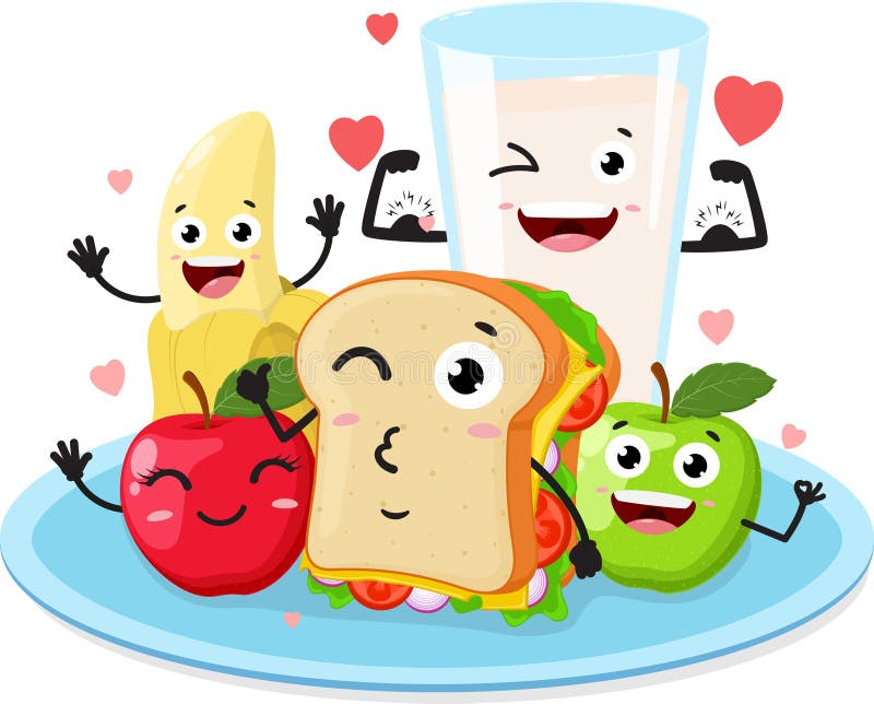 Cartoon Lunch Food, Sandwich, Milk and Fruits, Set of Cute Characters ...