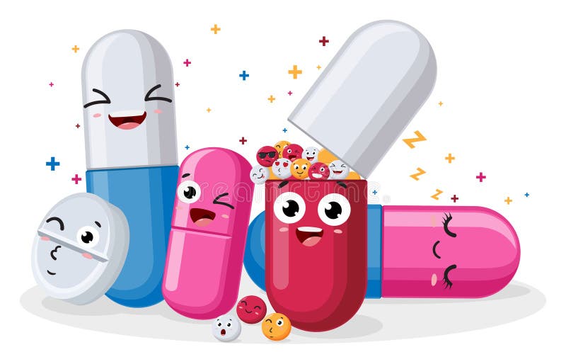 Cute Tablets Pills and Capsules Cartoon Characters Stock Vector ...