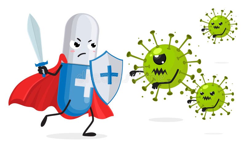 Strong Capsule Pill Cartoon Character Fight with Bacteria Virus and ...