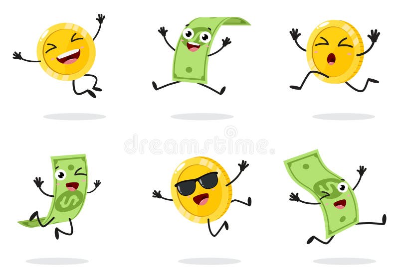 Set of Jumping Green Paper Money and Gold Coins Stock Vector ...