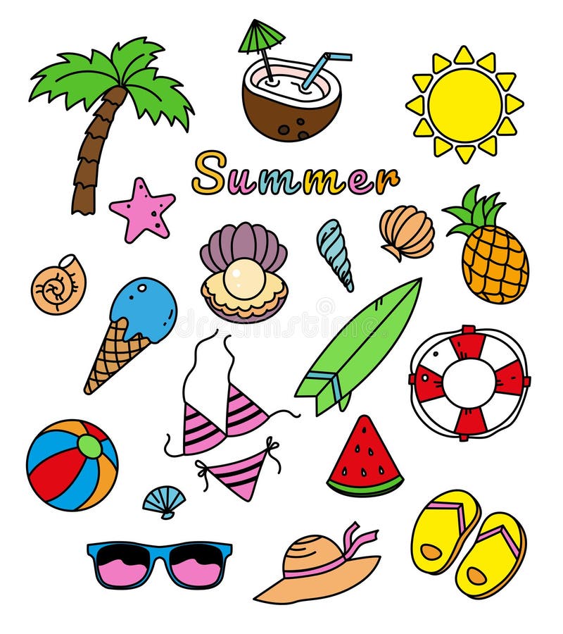 Vector Set with Outline Summer Stickers Stock Vector - Illustration of ...