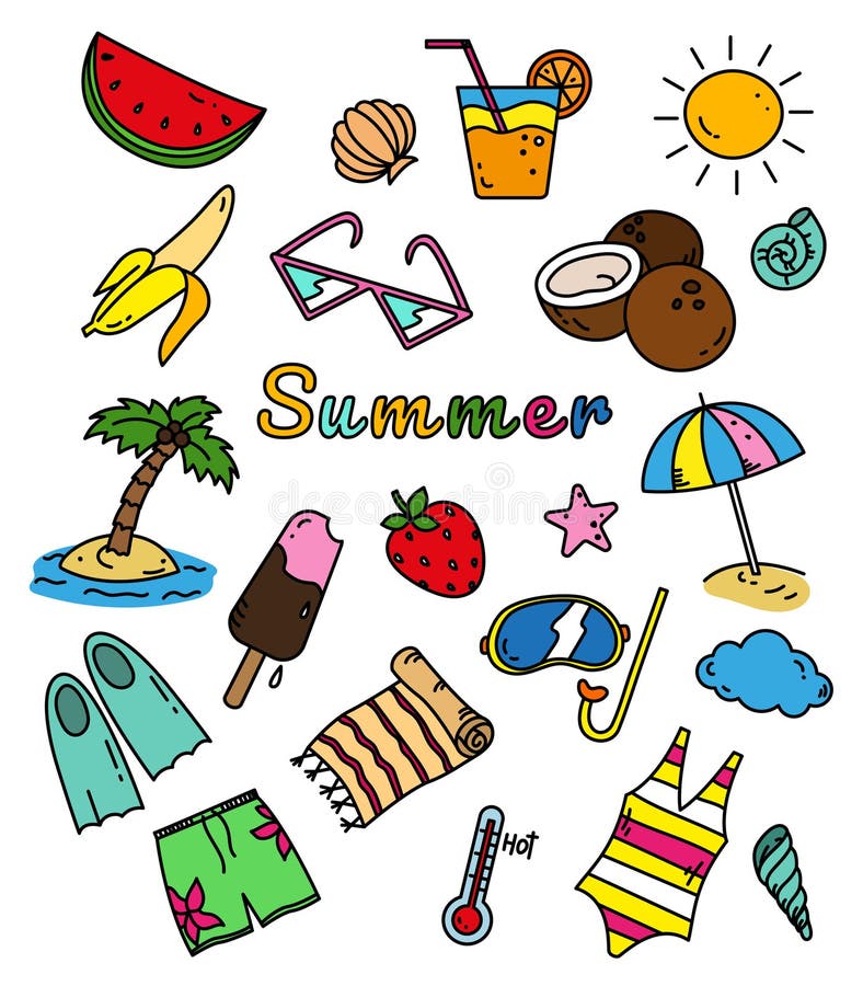 Vector Set with Outline Summer Stickers Stock Vector - Illustration of ...