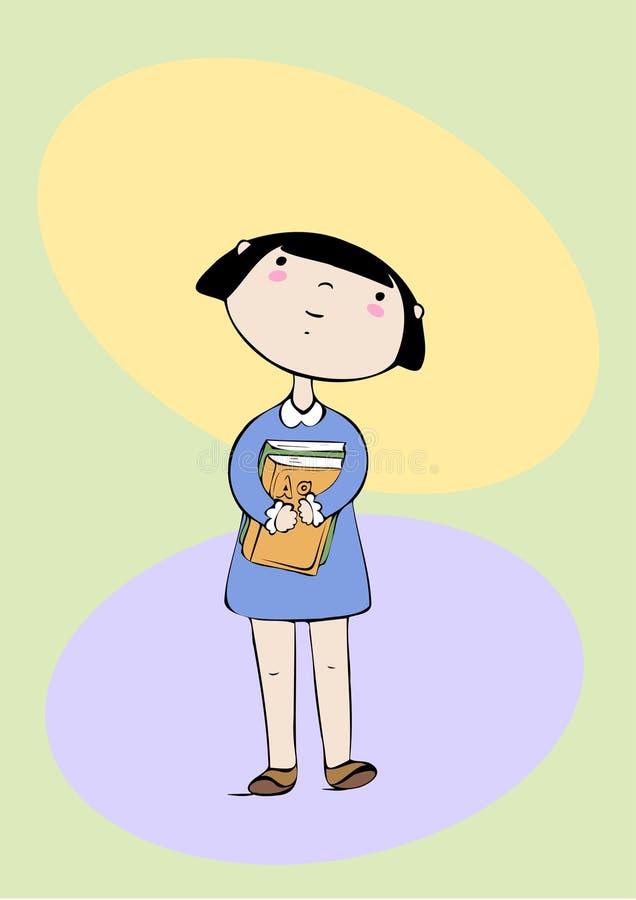 Cute Little Shy Girl with Books Stock Illustration - Illustration of ...