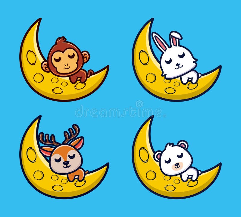 Vector Cute Animal Sleeping on Moon Cartoon Stock Vector - Illustration ...