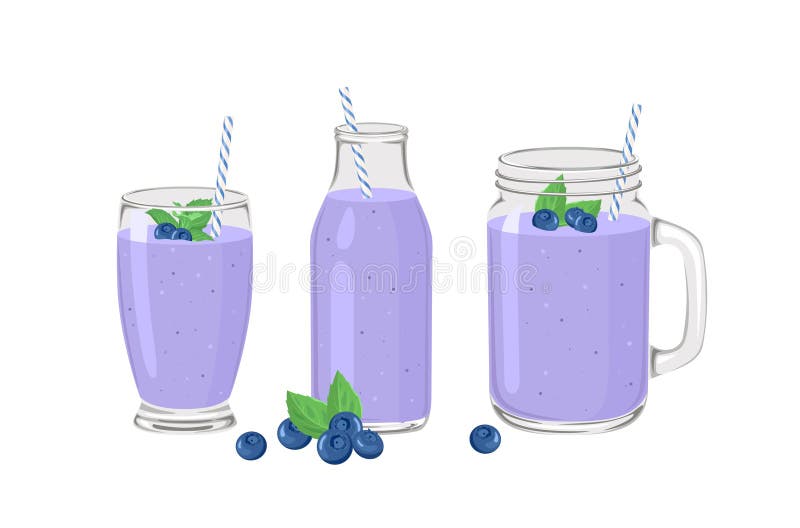 Blueberry Smoothies Set. Fruit Shake in Drink Glass, Bottle and Mason ...