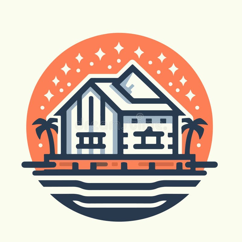 Colorful Vector Illustration of a Beach House with Palm Trees and ...