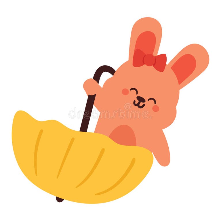 Cute Hand Drawing Cartoon Bunny Playing with Yellow Umbrella Stock ...