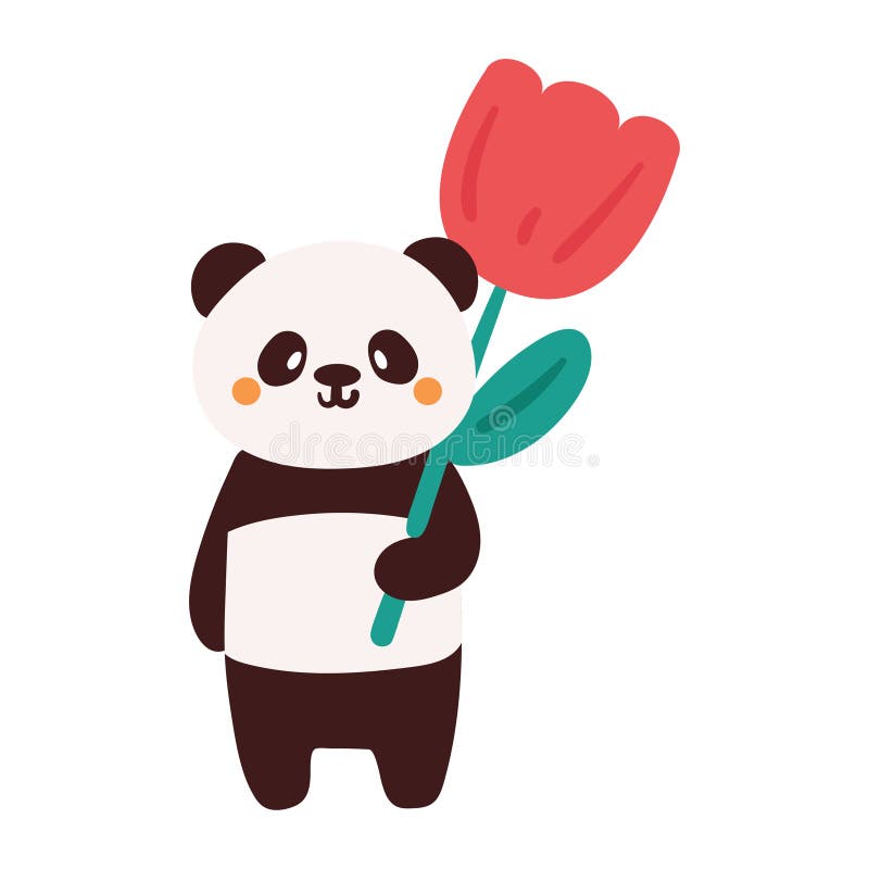 Hand Drawing Cute Cartoon Panda with Big Tulip Flower Stock Vector ...