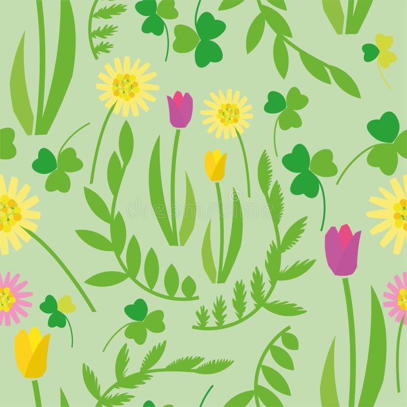 Spring Flowers. Seamless Repeat Background with Tulip, Daisy, Clover ...