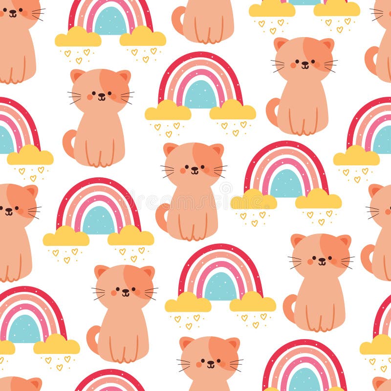 Seamless Pattern Cartoon Cat with Rainbow and Sky Element Stock Vector ...
