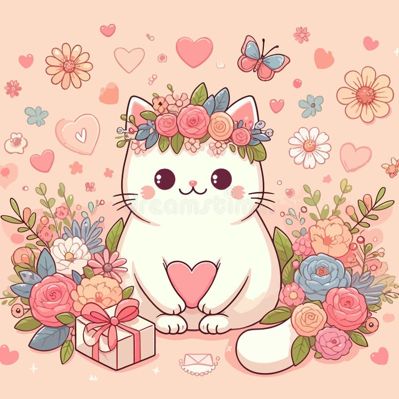 Cute Cat Surrounded by Flowers and Hearts Stock Vector - Illustration ...