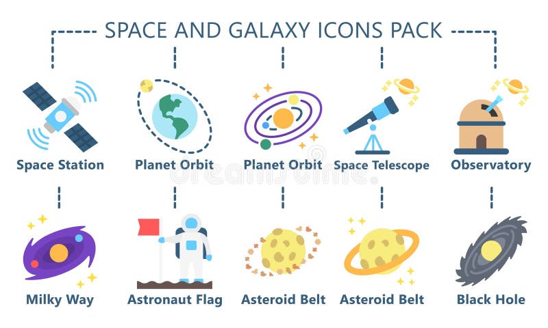 Space and Galaxy Multi Color Icons Pack Stock Vector - Illustration of ...