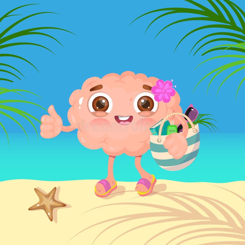 Cute Cartoon Human Brain Character in Vacation on the Tropical Beach ...