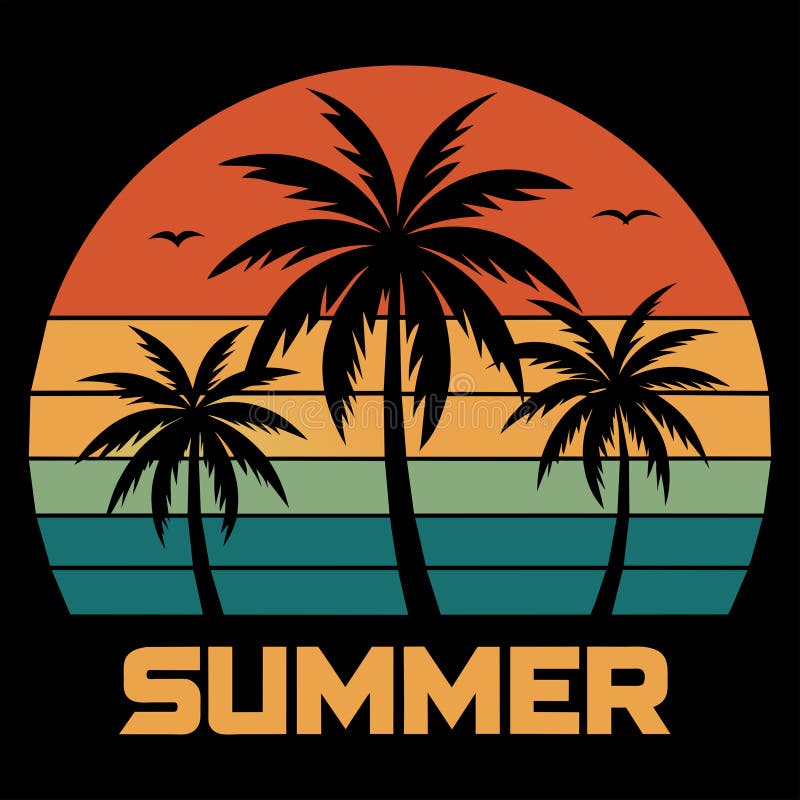 Retro Vintage Style Summer Sunset with Palm Trees Silhouette Vector ...