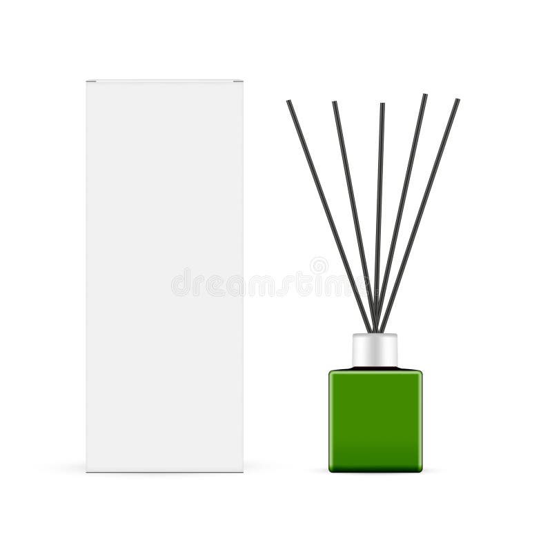 Green Diffuser Bottle with Black Aroma Sticks, Packaging Box Mockup ...