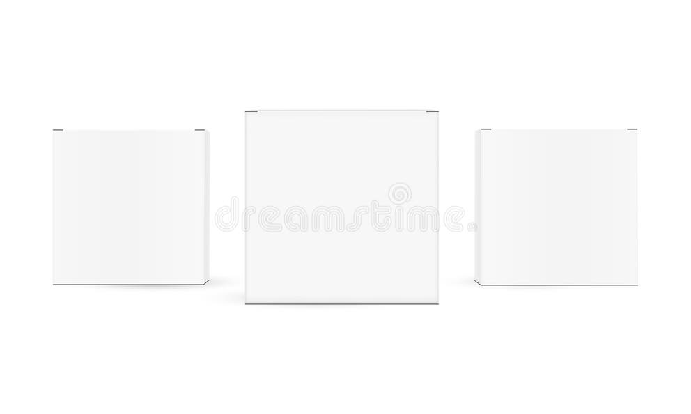 Three Square Packaging Boxes, Front View, Isolated on White Background ...