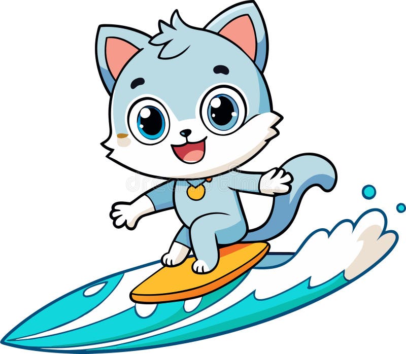 A Little Cat Surfing on the Sea Stock Illustration - Illustration of ...