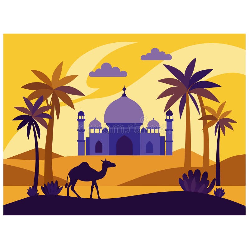 Mosque on Desert Camel Islamic Illustration with Date Tree Combine ...