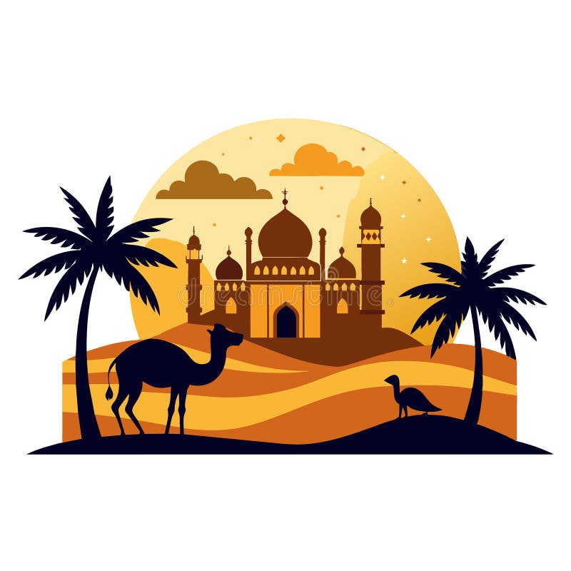 Mosque on Desert Camel Islamic Illustration with Camel and Date Tree ...