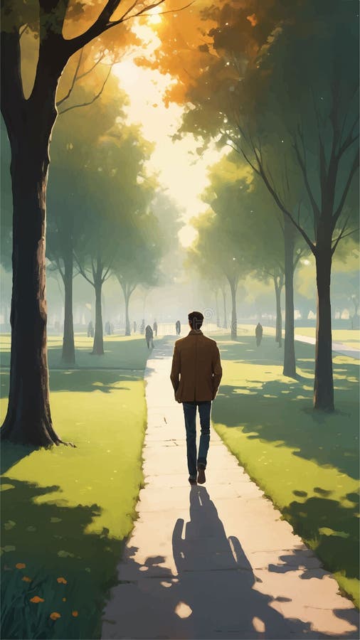 Serene Morning Walk: Man Strolling through a Sunlit Park Stock Vector ...