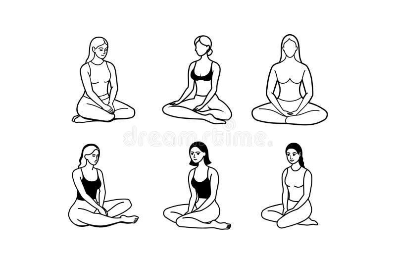 Sets of Woman Sitting Position Lineart Vector Illustration on White ...