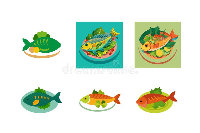 Roast Fish on Plate and Greens on Plate Illustration Stock Vector ...