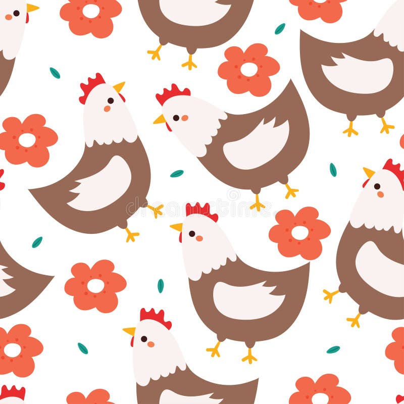 Seamless Pattern Cartoon Chicken and Flower Stock Vector - Illustration ...