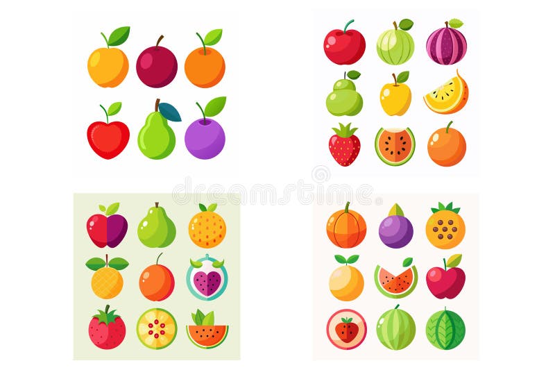 Set of 6 Fruit Icon Vector Illustrations. Stock Vector - Illustration ...