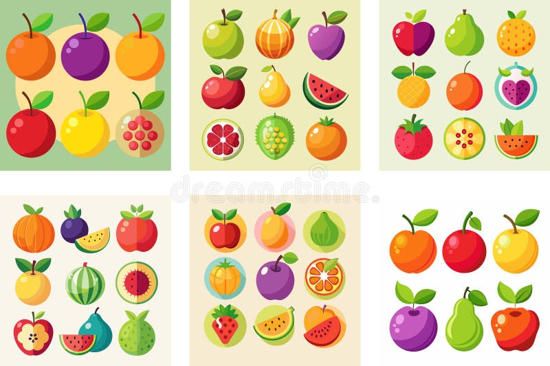 Set of 6 Fruit Icon Vector Illustrations. Stock Vector - Illustration ...