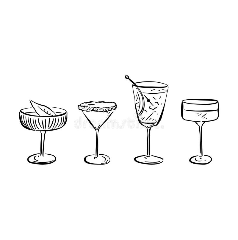Four Cocktail Drawings in Black and White Stock Vector - Illustration ...