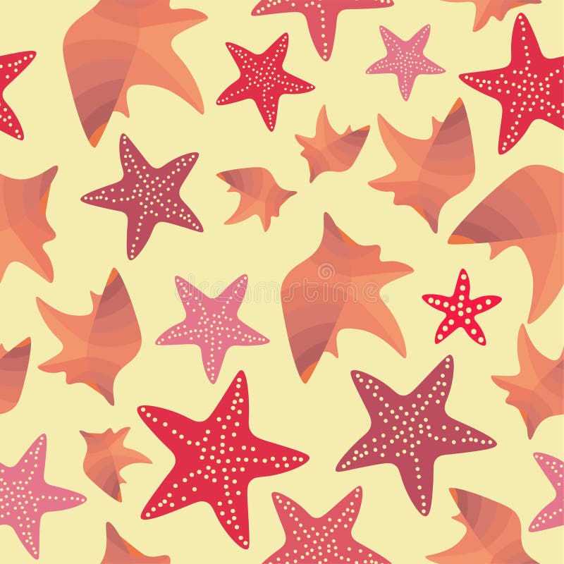 Seamless Background with Red and Purple Starfish and Shells. Stock ...