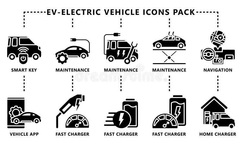 EV-Electronic Vehicles Glyph Icons Pack Stock Vector - Illustration of ...