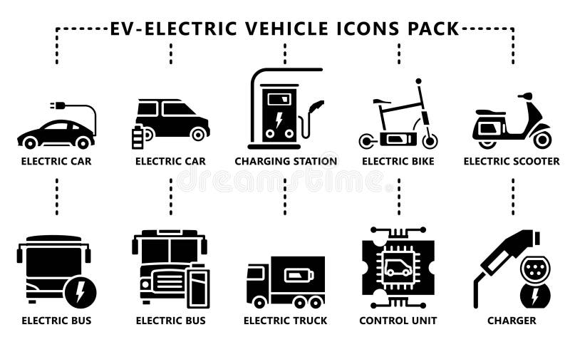 EV-Electronic Vehicles Glyph Icons Pack Stock Vector - Illustration of ...