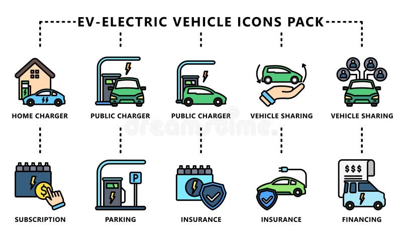 EV-Electronic Vehicles Lineal Multi Color Icons Pack Stock Vector ...