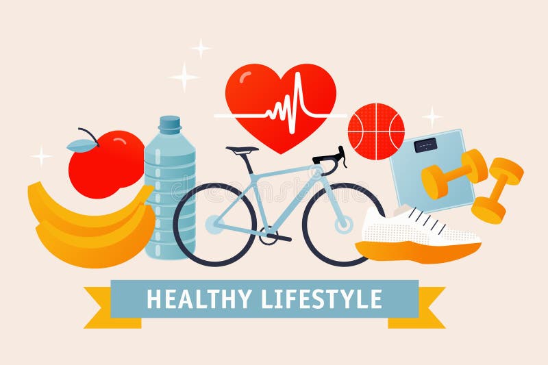 Healthy Lifestyle Website Banner. Sports Ball, Scale, Water Bottle ...