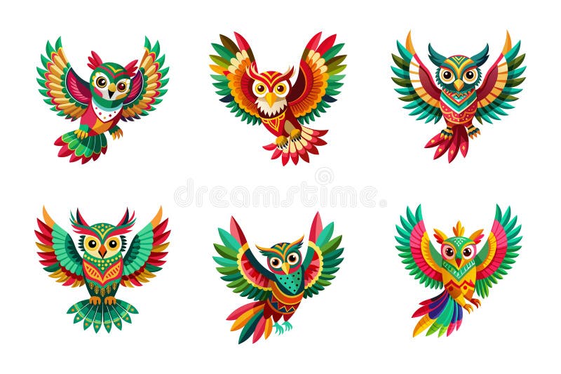 An Mexican Tecolote Flying Vibrant Colors White Ba Stock Vector ...