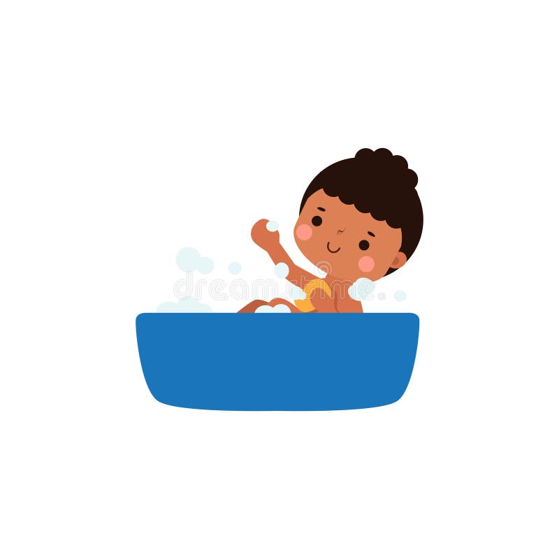 Cute Little Kid Take a Bath in the Bathtub, Cartoon Character Vector ...