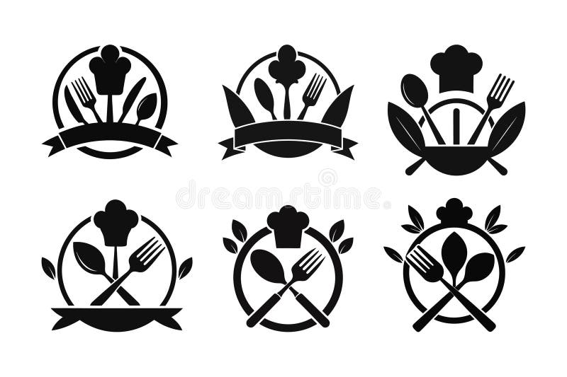 Round Food Icon with Chef Hat and Kitchen Utensil Silhouette Collection ...