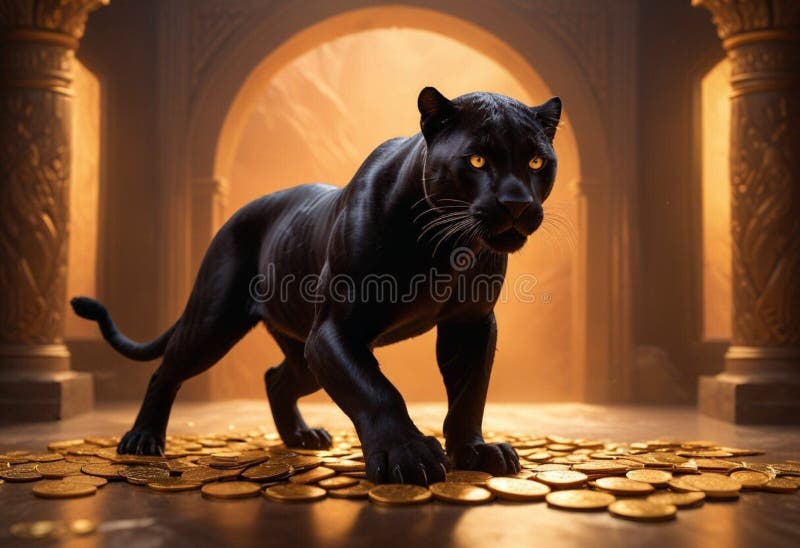 A Black Panther Standing on Scattered Gold Coins. Stock Illustration ...
