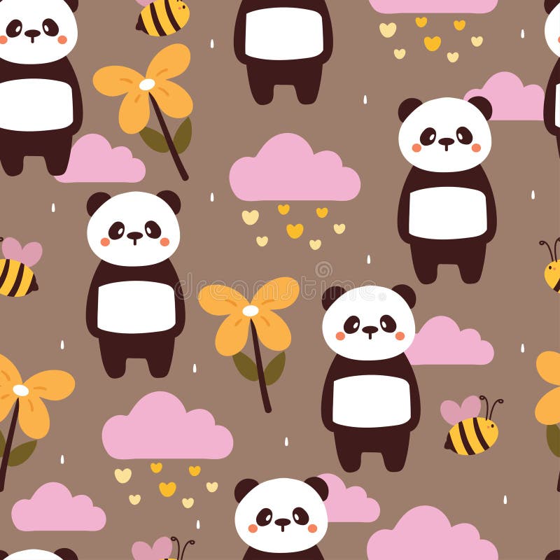 Seamless Pattern Cartoon Panda with Bee and Sky Element Stock Vector ...
