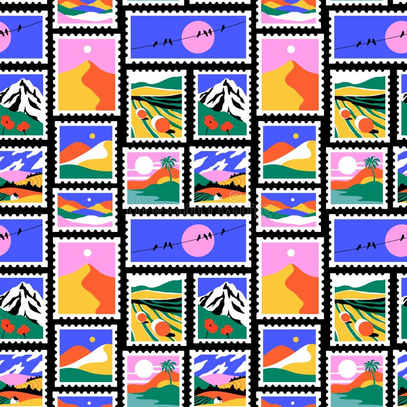 Retro Nature Landscape Post Card Stamp Seamless Pattern Stock Vector ...