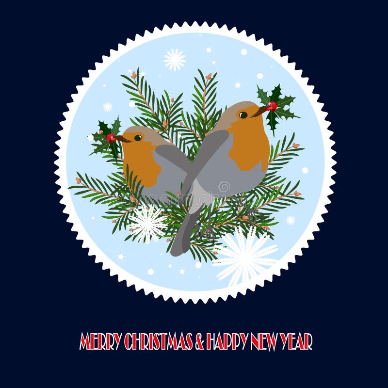 Merry Christmas and Happy New Year Postcard. Robin on Fir with Holly ...