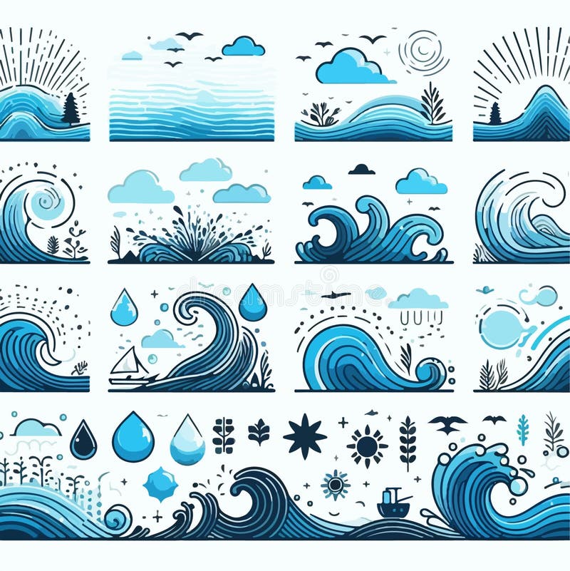 Dynamic Ocean and Wave Illustrations Collection Stock Vector ...