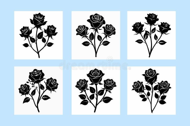 Silhouette Three Rose Vector Black Color with Branch Stock Vector ...
